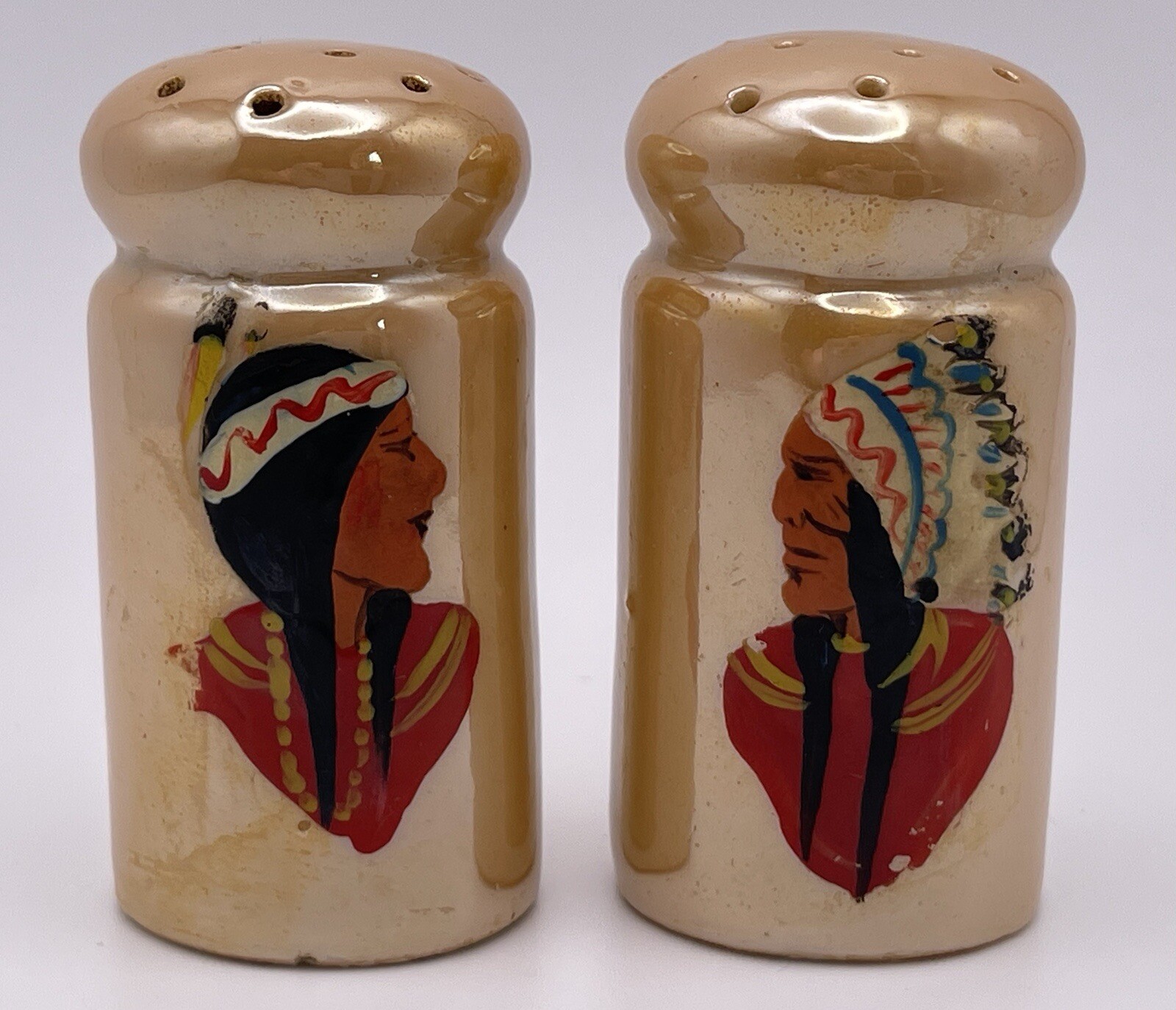 Vintage Hand Painted Native American Lustreware Porcelain Salt & Pepper ...