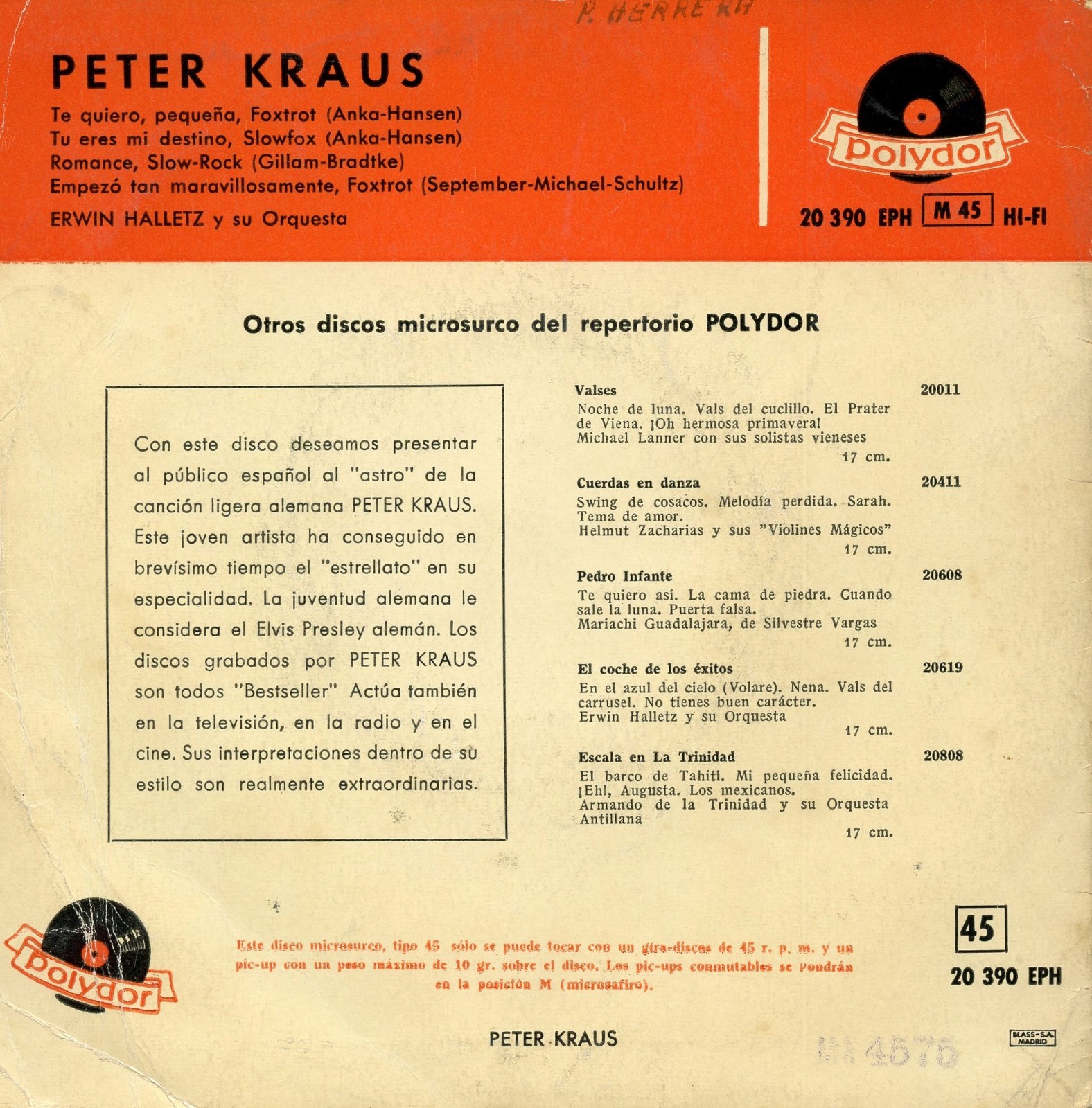 PETER KRAUS / Te Quiero Pequeña / POLYDOR 20 390 EPH Pres Spain 1959 EP ...