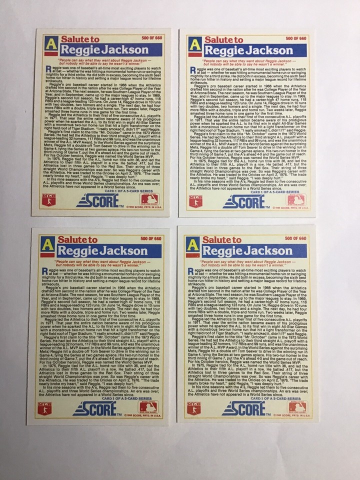 1988 Score Baseball #500 Reggie Jackson Salute - 4 Cards LOT - NM-MINT ...
