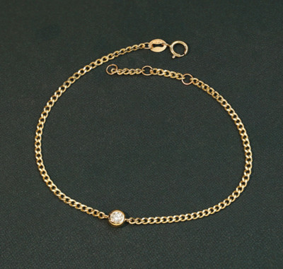 18K Solid Gold Solitaire Natural Diamond Cuban Link Thin Curb Bracelet ...