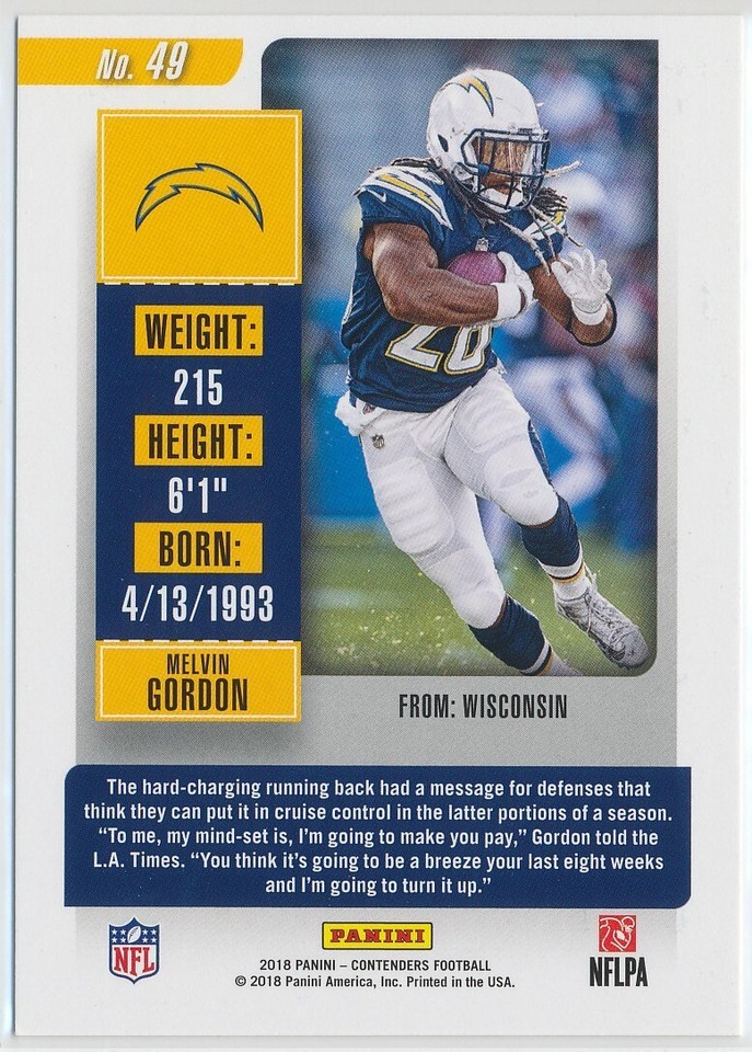 2018 Panini Contenders Football Melvin Gordon #49 Los Angeles Chargers | eBay