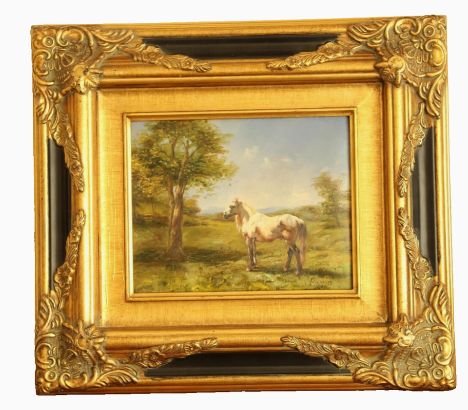 Equestrian Oil Painting On Canvas White Horse In Field Ornate Gild ...