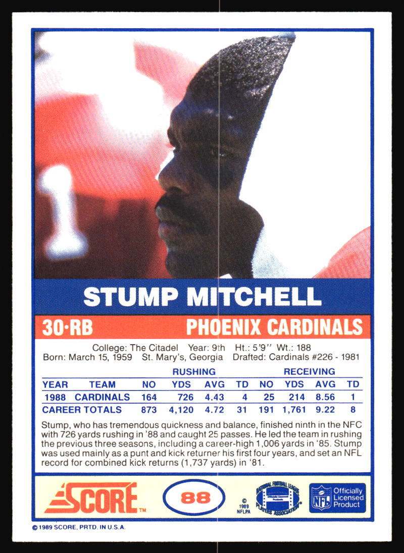 1989 Score Stump Mitchell #88 Phoenix Cardinals | eBay