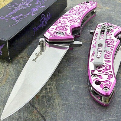 Womens Pocket Knife Pink Rose Mirror Blade Metal Assisted Open Girl ...