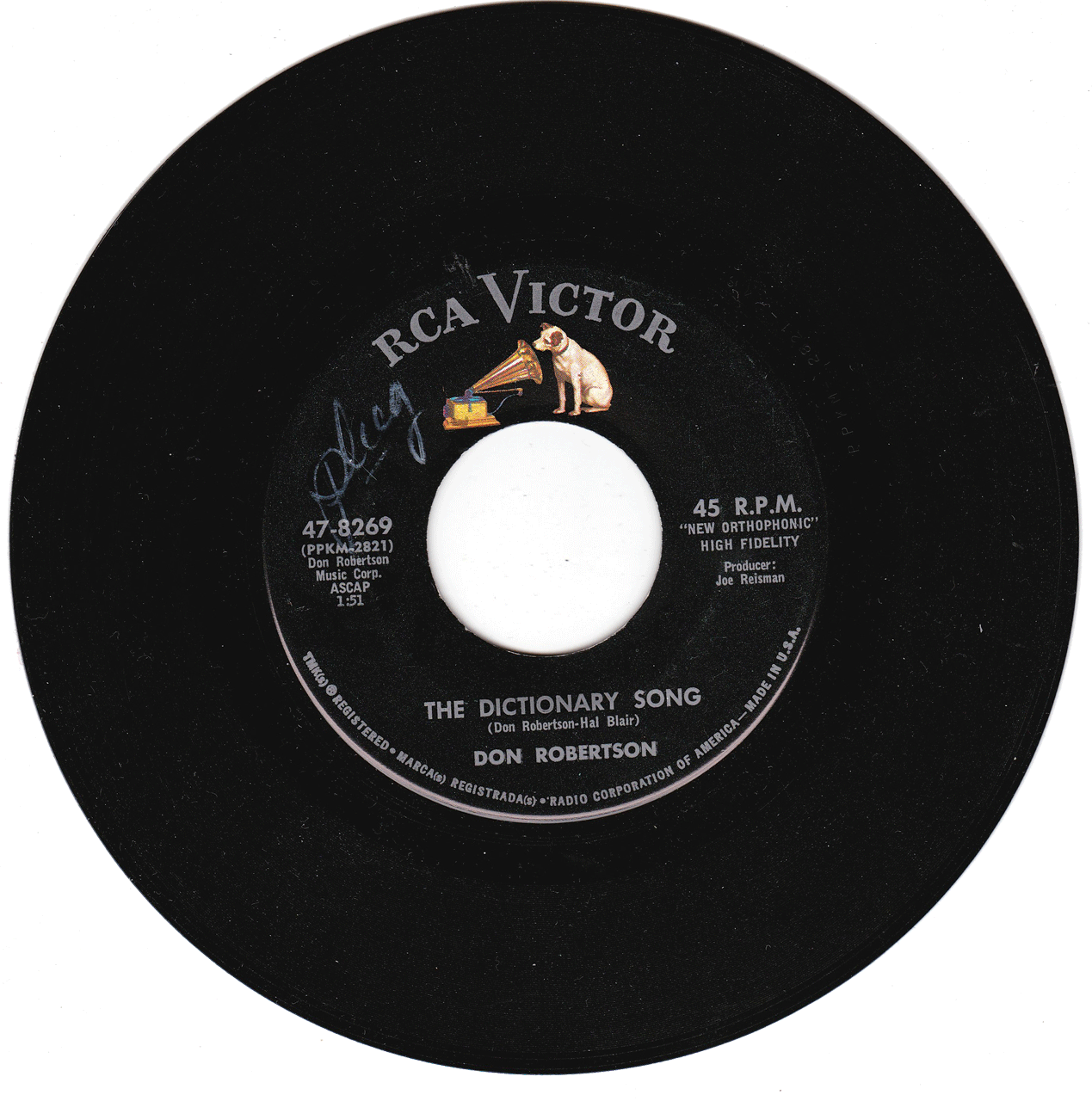 Don Robertson. The Dictionary Song / What A Day. 45rpm record on RCA ...