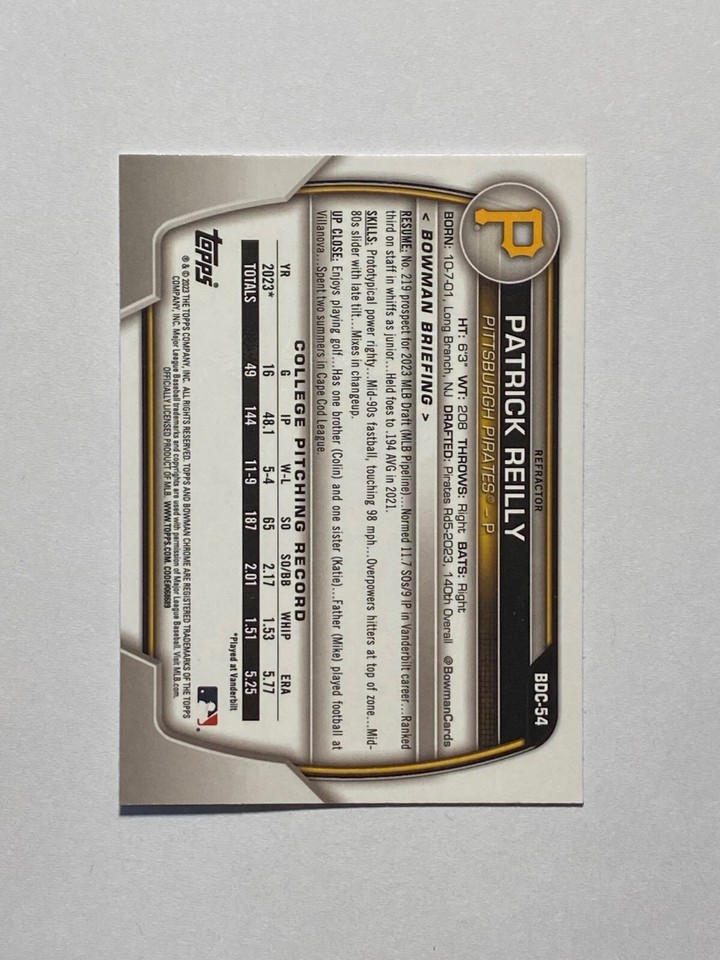 2023 Bowman Draft Baseball #BDC-54 PATRICK REILLY Refractor 1st PIRATES ...