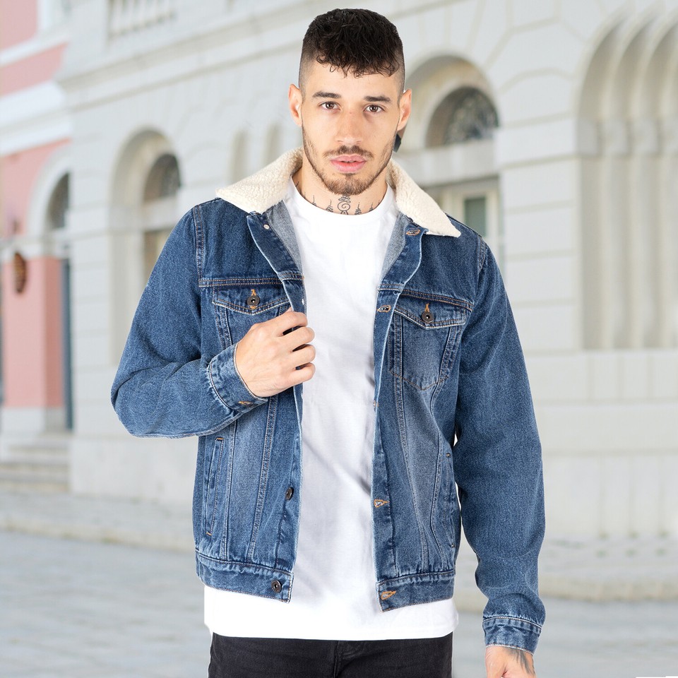 Mens Denim Jacket with Detachable Sherpa Collar Trucker Fur Classic ...