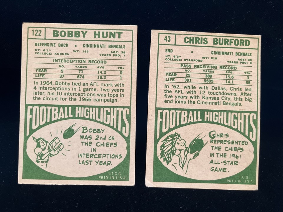 1968 Cincinnati Bengals Bobby Hunt 122, Chris Burford 43, | eBay