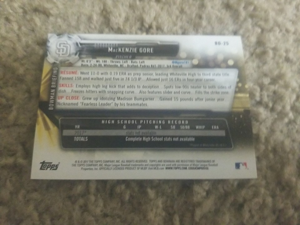 MacKENZIE GORE 2017 BOWMAN DRAFT CARD BD-25 PADRES (10-CARD FIRST ...