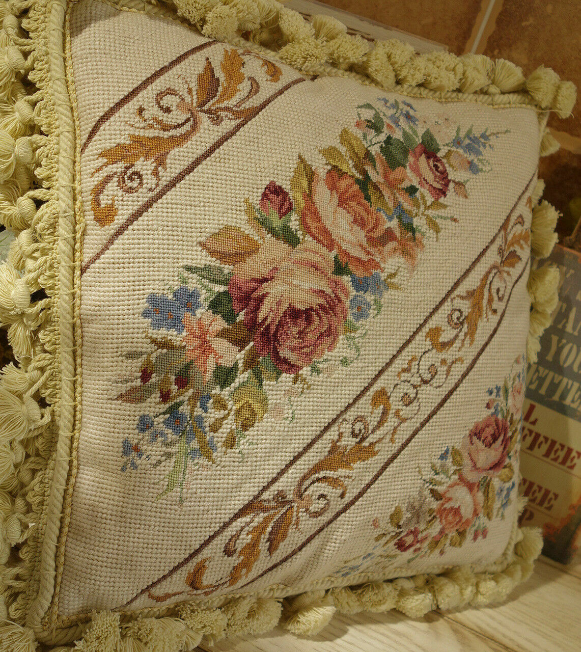 14" Handmade Gorgeous Needlepoint Pillow Pink Rose Tiny Petit Point ...