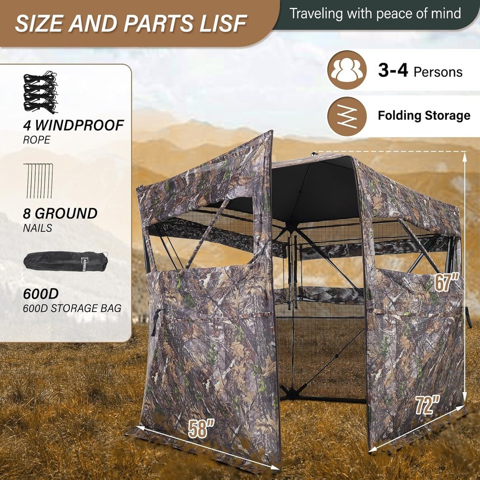 360 Degree See Through Hunting Blind 3-4 Person Easy Pop Up Ground ...