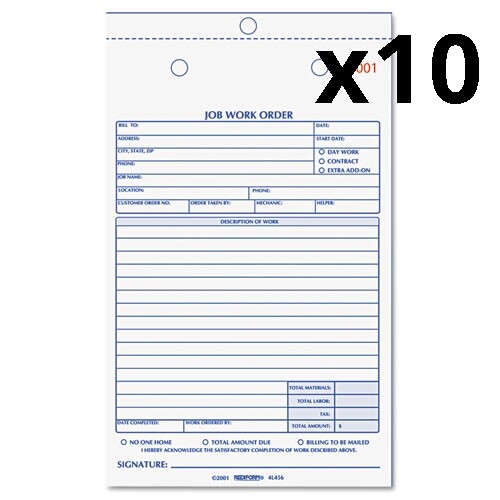Job Work Order Book, 5 1/2 x 8 1/2, Two Part Carbonless, 50/Book, Pack ...
