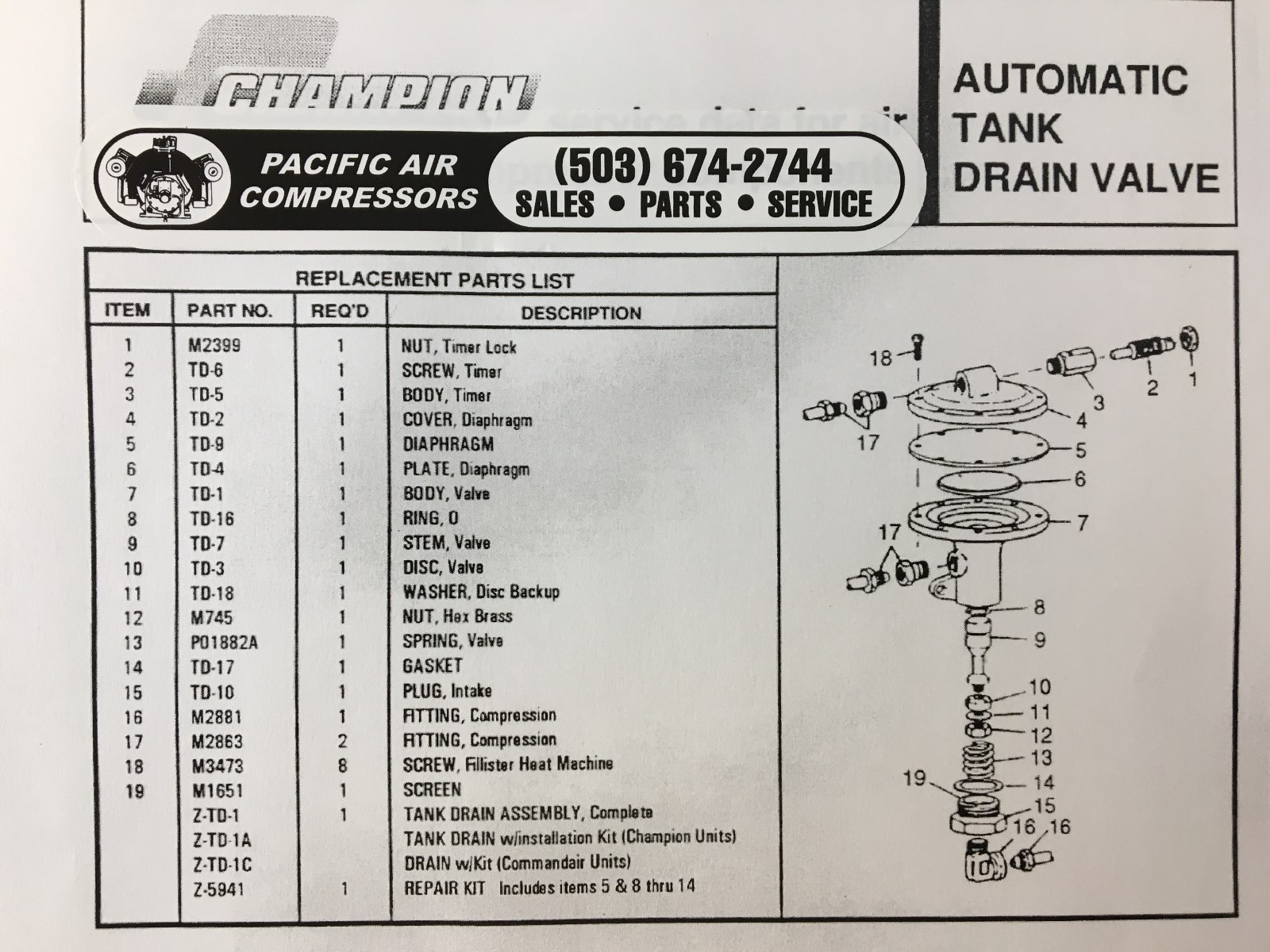 2 PACK - Champion ZTD1 Automatic Drain Repair Kit Part # Z5941 # Z-TD-1 ...