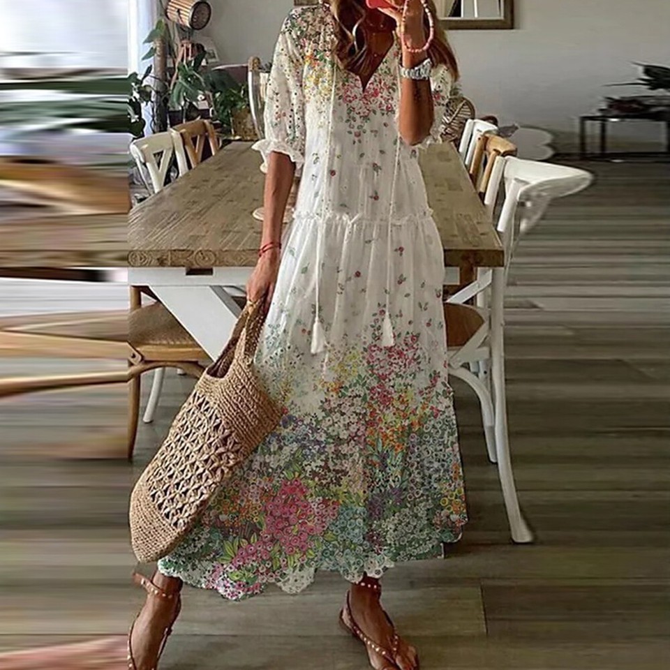 Women Boho Floral V Neck Maxi Dress Ladies Holiday Beach Swing Kaftan