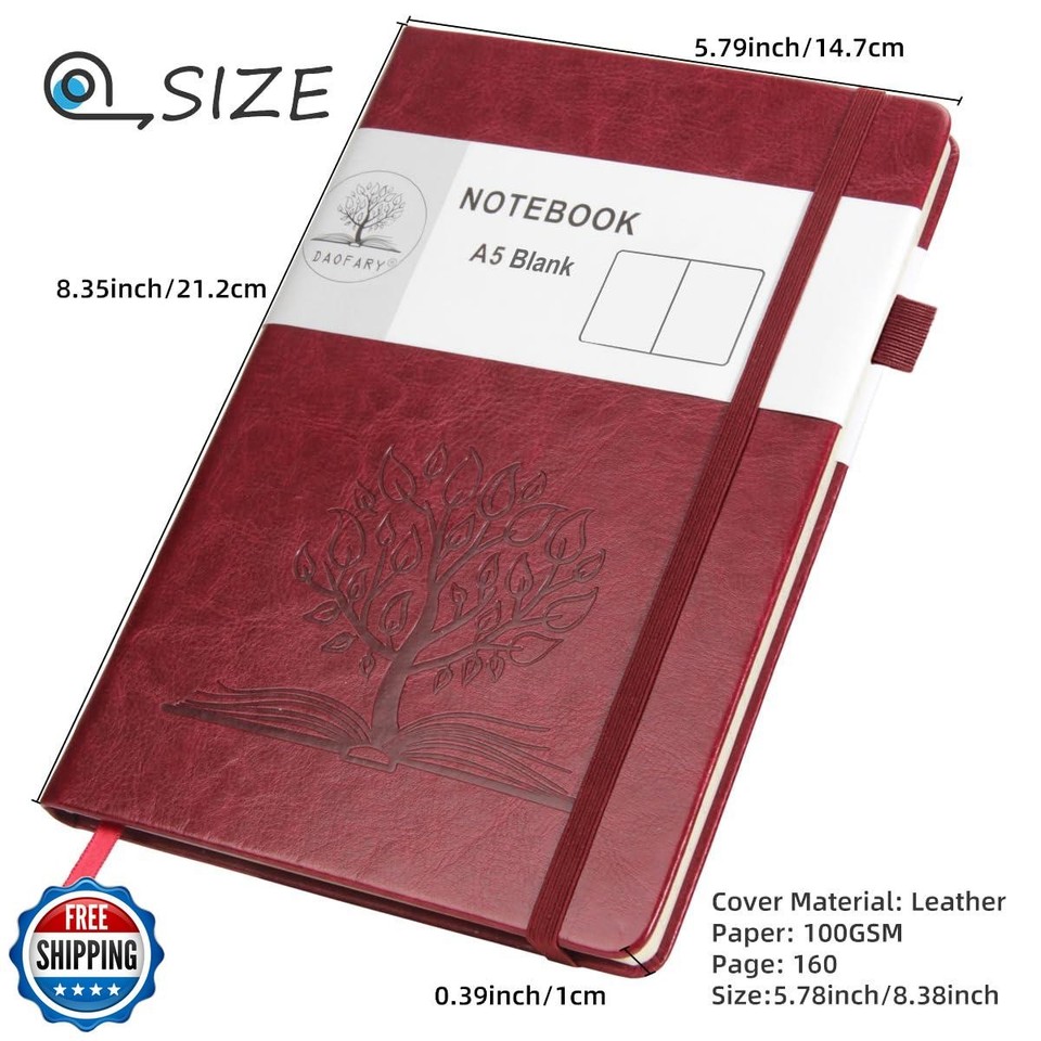 Daofary A5 Journal Notebook, Leather Blank Notebooks 160 Pages Diary ...