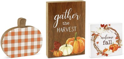 Fall Wood Block Signs 3pk, Small Pumpkin and Harvest Shelf Box Signs ...