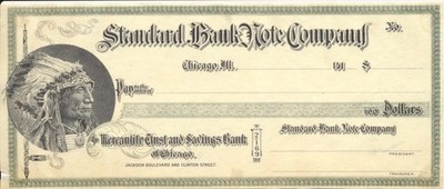 ENGRAVED Sample Check STANDARD BANK NOTE COMPANY NATIVE AMERICAN CHIEF ...