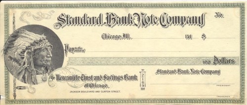 ENGRAVED Sample Check STANDARD BANK NOTE COMPANY NATIVE AMERICAN CHIEF ...
