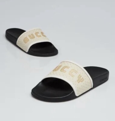 Brand New Authentic Gucci Slides Coated Canvas and Rubber White & Gold ...
