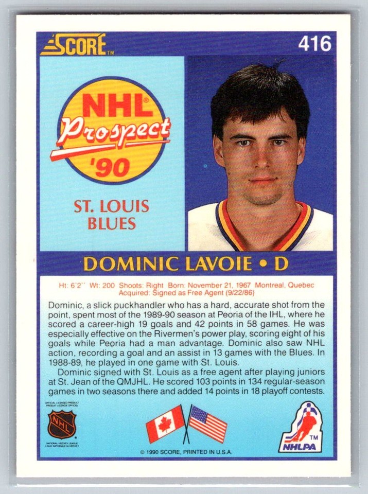 1990-91 Score American #416 Dominic Lavoie St. Louis Blues Rookie ...