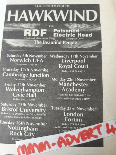 HAWKWIND - LIVE TOUR DATES 1984 1981 1980 1993 2001 - original advert ...