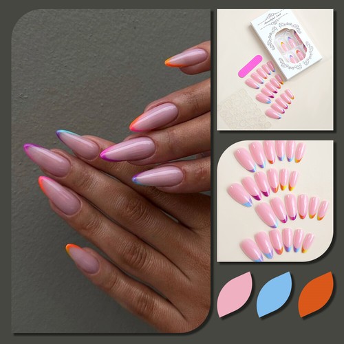 French Tips Colorful False Nail Short Almond Press on Nails for Nail ...