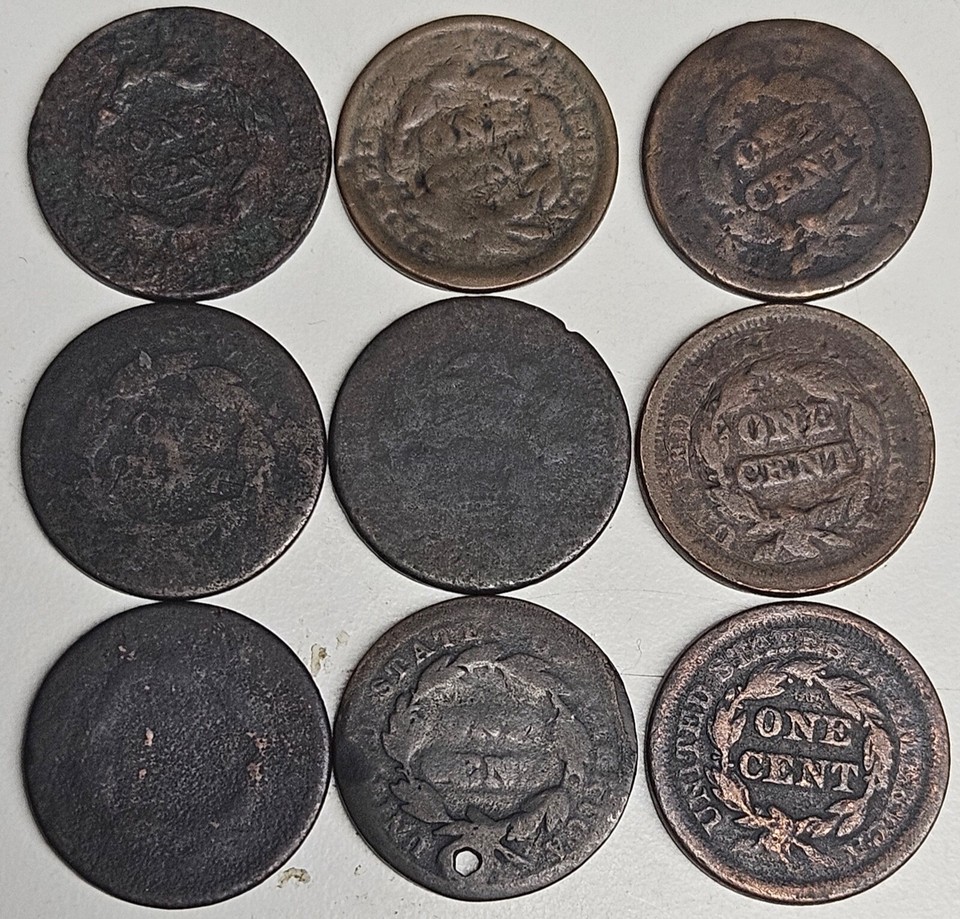 US Large Cent Lot: 9 Coins 18??-1851 Culls + No Reserve Free Shipping ...