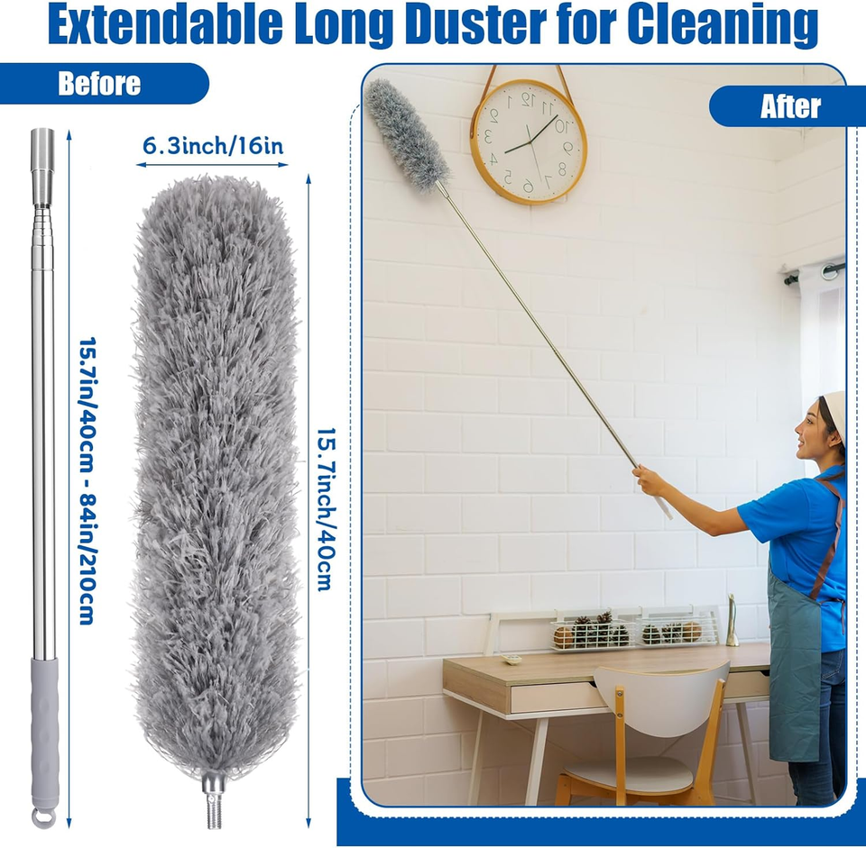 Feather Duster with 30-100 Inches Adjustable Long Pole,Extendable ...