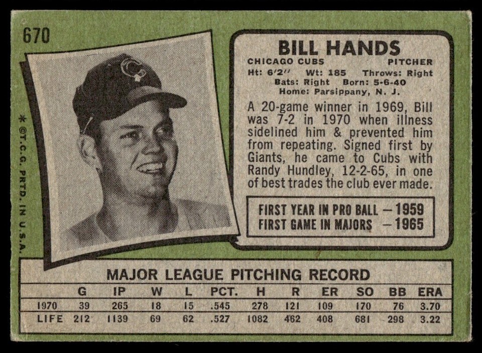 1971 Topps Baseball Vintage Bill Hands Chicago Cubs #670 | eBay