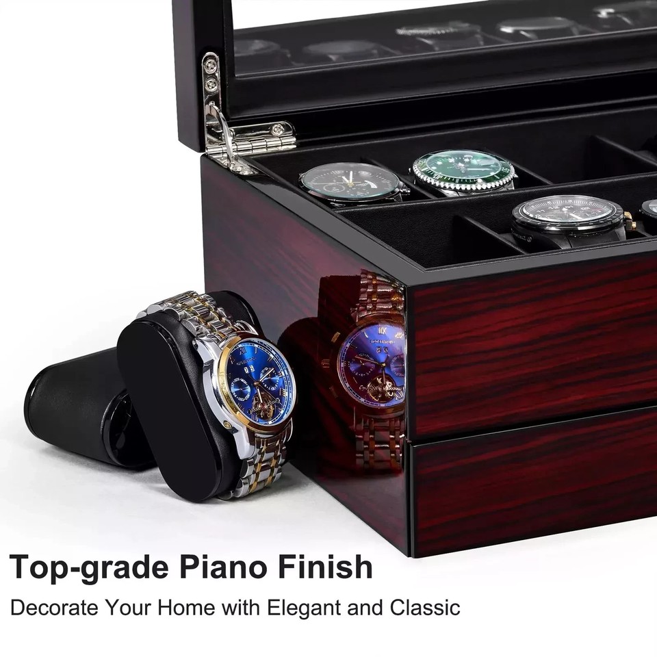 Watch Box 12 Slot Cases for Men with Large Lid Jewelry Storage 2-Tier ...
