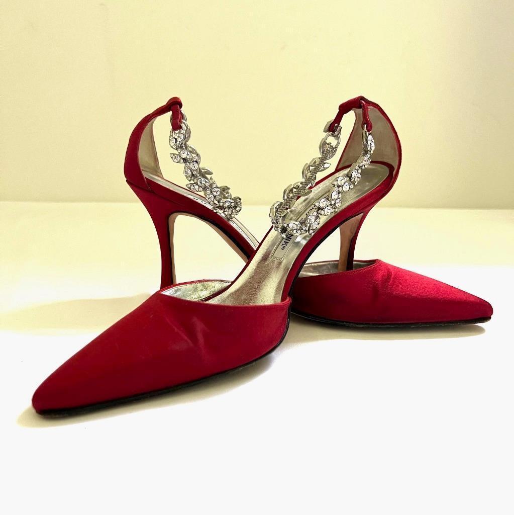 MANOLO BLAHNIK Red Satin BURNELLA Rhinestone Ankle Strap MANOLO BLAHNIK Red Satin BURNELLA Rhinestone Ankle Strap