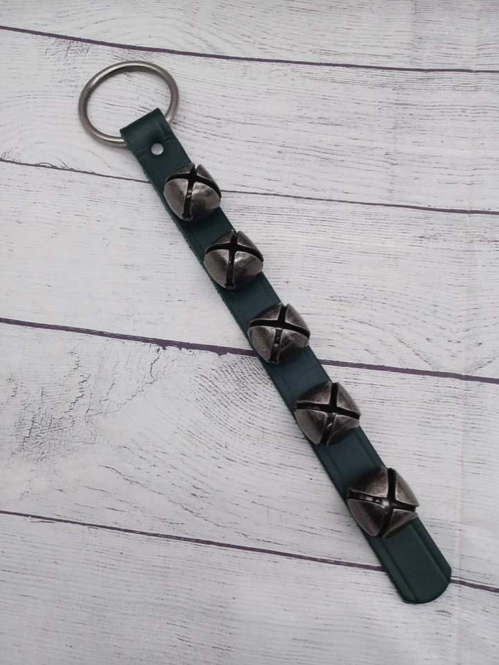 5-Bell Sleigh Bells, Antiqued Nickel Bells on Green Leather Strap ...