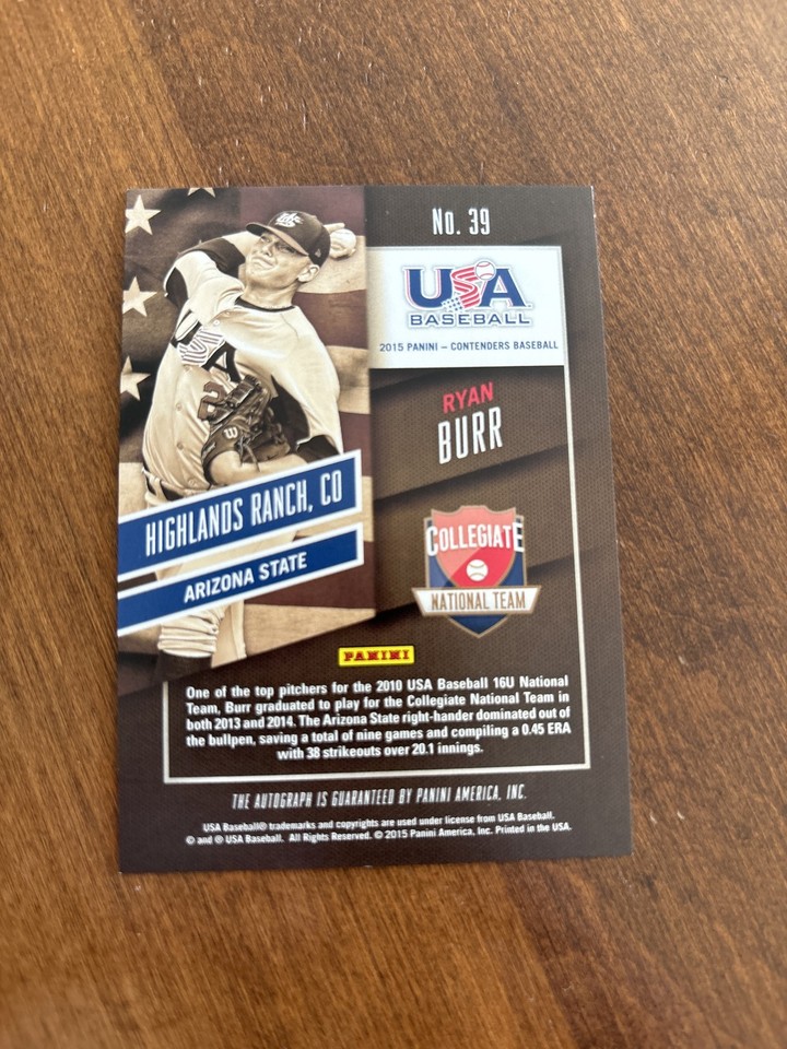 Ryan Burr 2015 Contenders USA Baseball Auto #39 Toronto Blue Jays Sun ...
