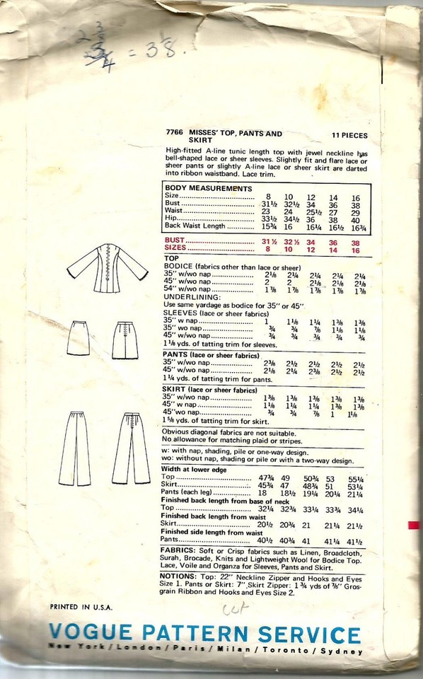Vogue Sewing Pattern 7766, Vintage Top,Pants, Skirt, Size 12, Bust 34 ...