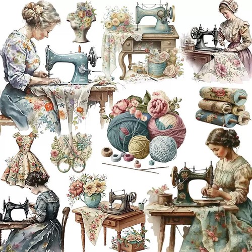 Vintage Sewing Machine Women Sewing Threads Flowers Scrapbooking ...