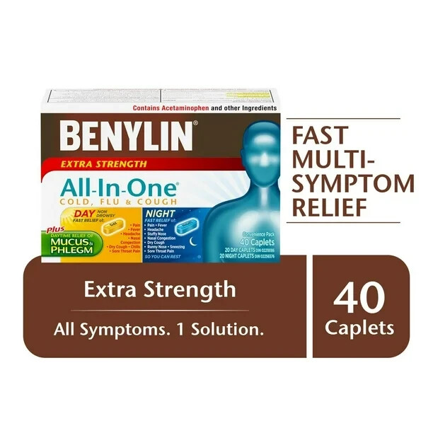 Benylin Extra Strength All-In-One Cold & Flu Daytime Caplets, 40 count ...