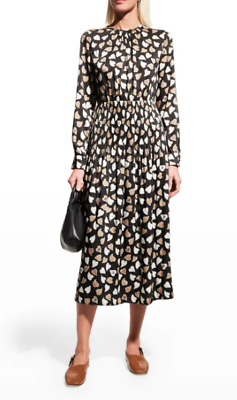Max Mara 'Nostoc' Heart Print Pleated Midi Satin Dress in Max Mara 'Nostoc' Heart Print Pleated Midi Satin Dress in