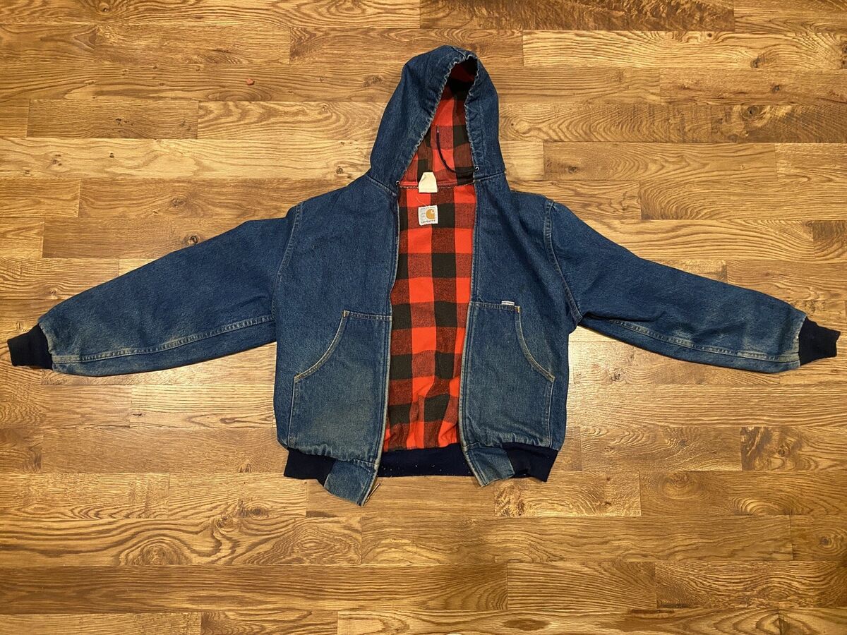 Carhartt Denim Hooded Jean Jacket Buffalo Plaid Blanket Carhartt Denim Hooded Jean Jacket Buffalo Plaid Blanket