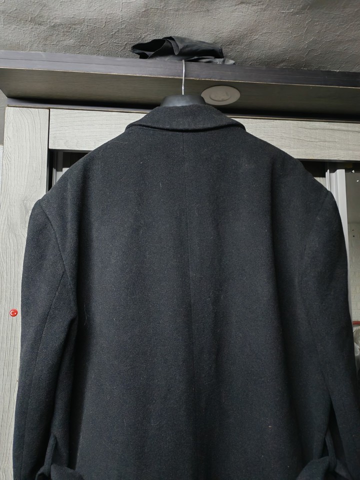 Vintage wool blend classic double breasted belted charcoal over coat ...