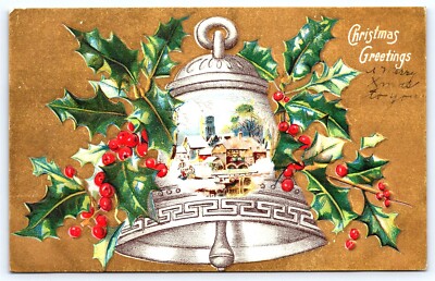 Postcard Christmas Greetings Silver Bell, Village Scene, Holly, DB 1908 Embossed | eBay