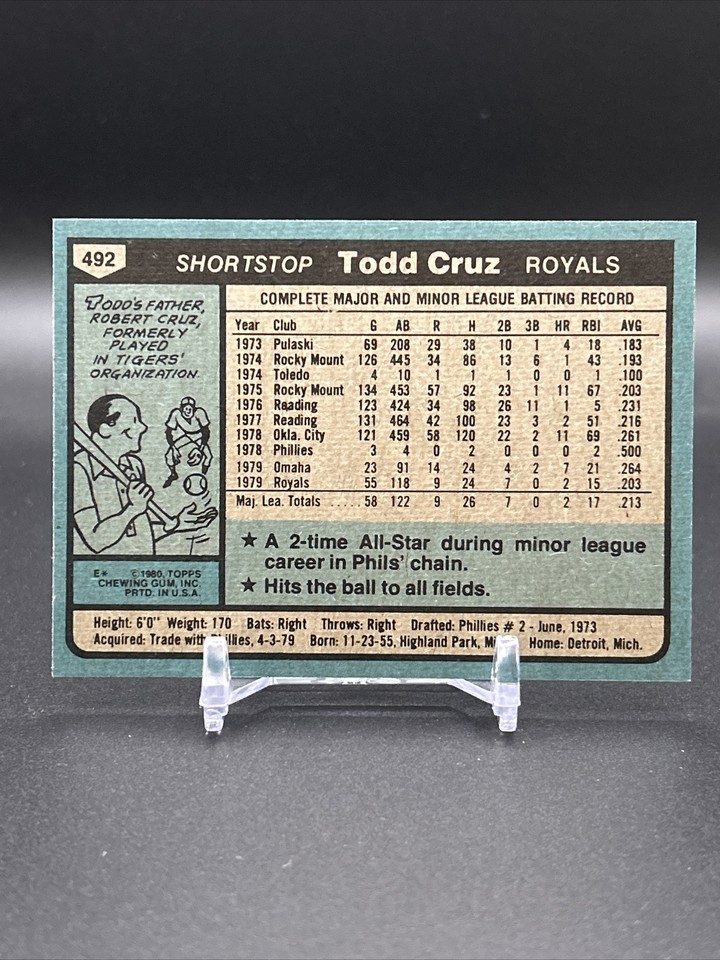 1980 TOPPS #492 TODD CRUZ Kansas City ROYALS NM-MT or BETTER 1983 WS ...