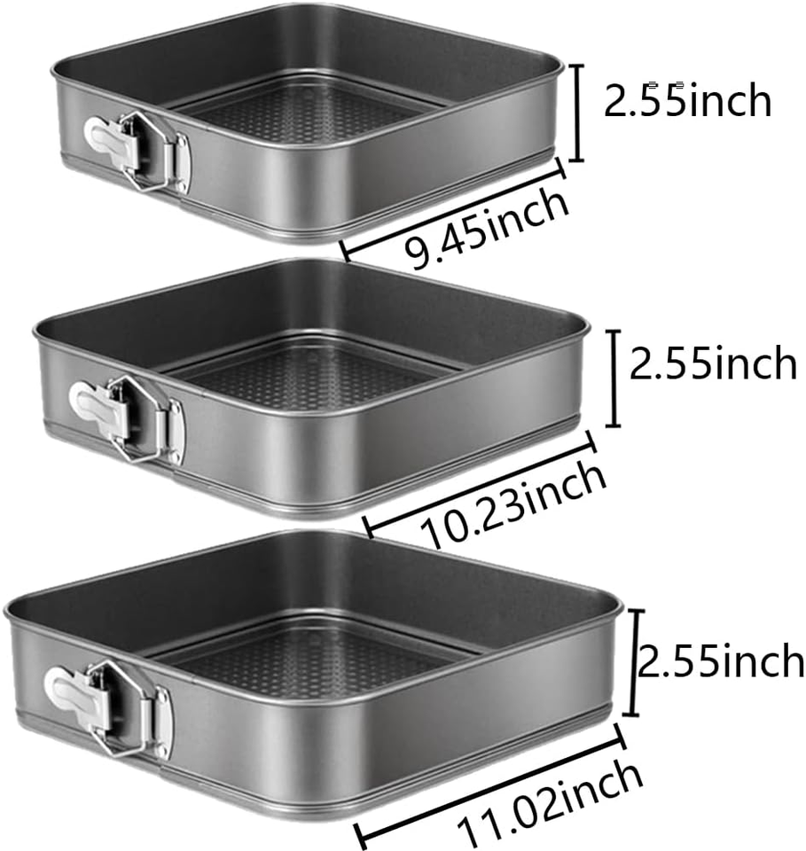 Springform Cake Pan Set of 3 (9.5, 10, 11 Inch) Square Baking Pans ...