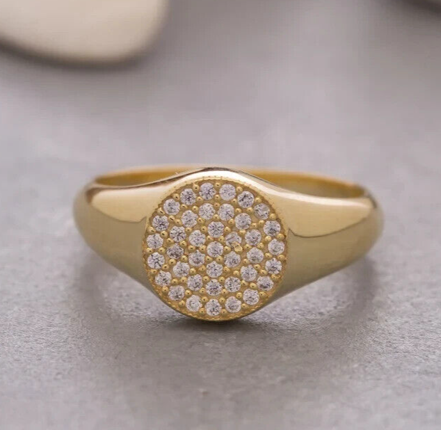 Signet Band Pave Ring Round Cut Moissanite Pave Signet Engagement Ring ...