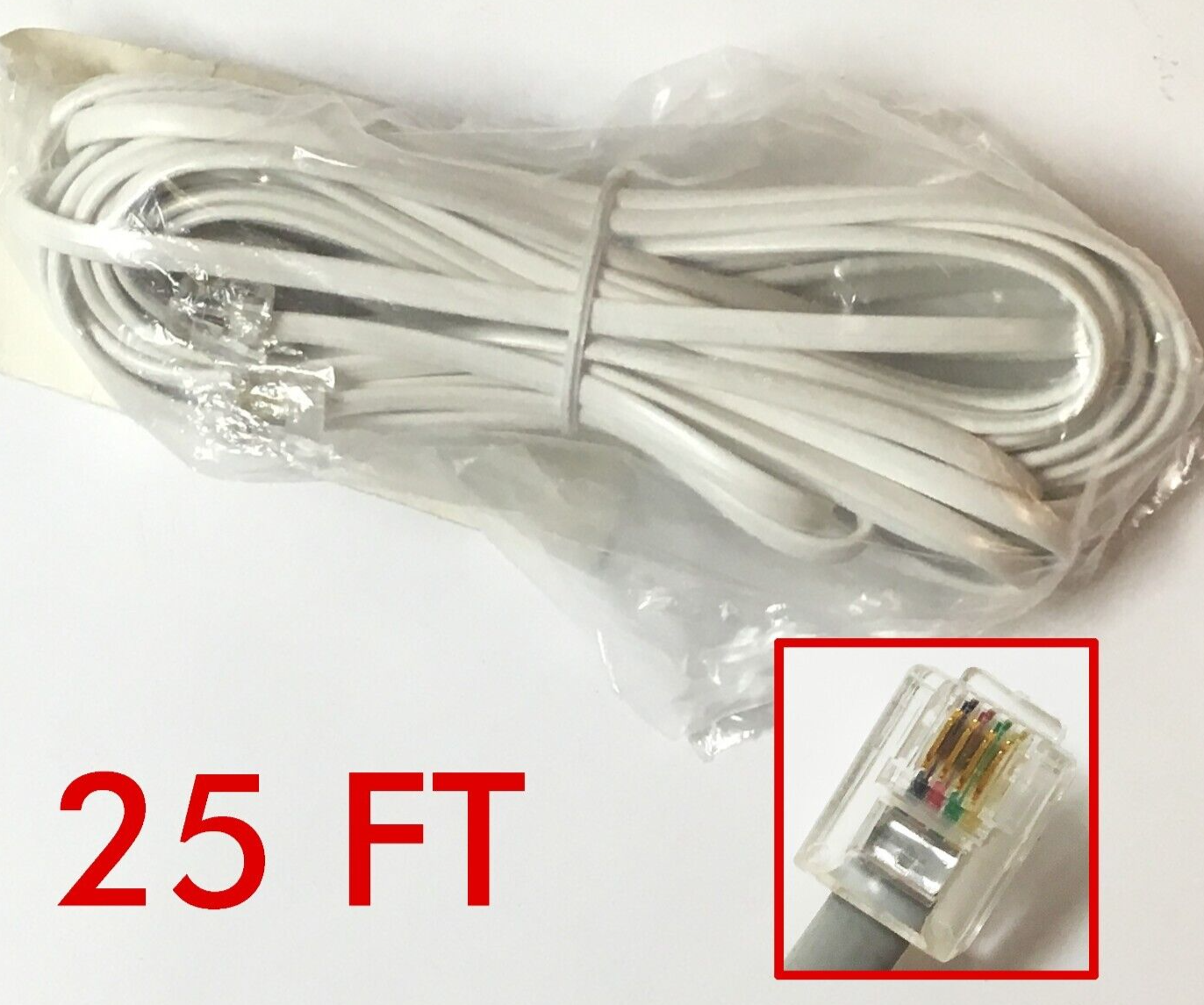 NEW 25' Foot Telephone Cord RJ11 RJ12 6p4c Flat White Telco DSL ...