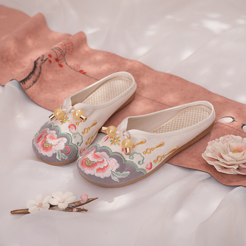 Vintage Women Slipper Hanfu Shoes Embroidered Floral Beads Indoor ...