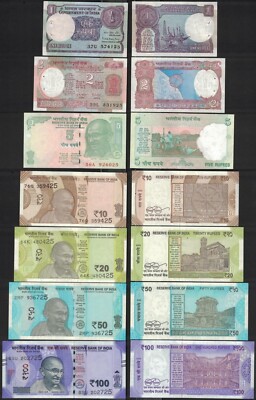 Lot (7 PCS) India Set: 1, 2, 5, 10, 20, 50 & 100 Rupees UNCIRCULATED ...