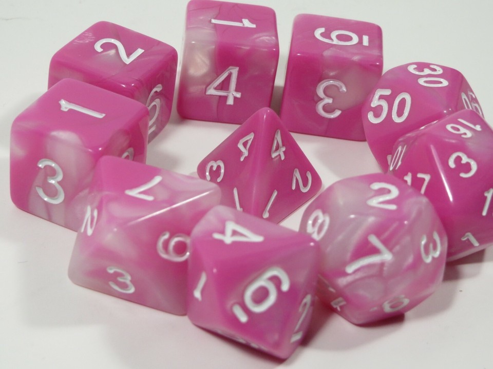 NEW RPG Dice 10pc - Twisted Pink-White - 1 @ D4 D8 D10 D12 D20 D00-10 ...