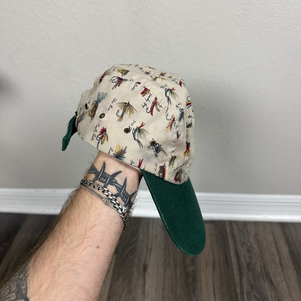 Vintage 5 Panel Hat All Over Print Fly Fishing Lure Long Bill Hat ...
