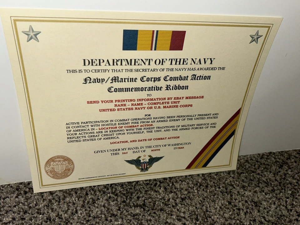 NAVY/USMC COMBAT ACTION COMMEMORATIVE RIBBON CERTIFICATE ~ W/PRINTING T ...