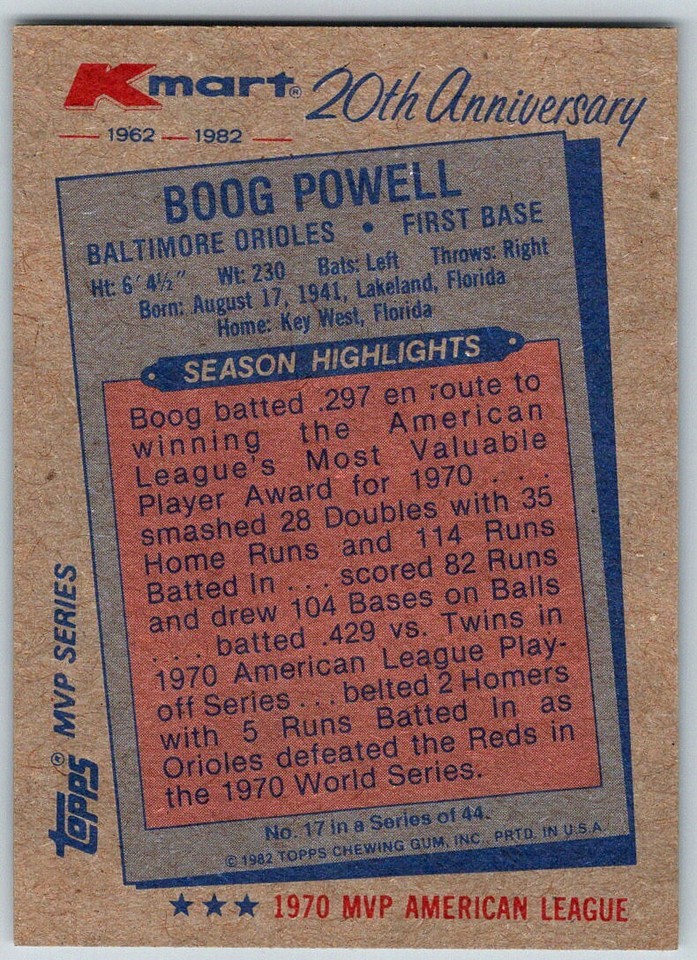 1982 Topps Kmart 20th Anniversary BOOG POWELL #17 Orioles 1970 MVP - FREE Ship! | eBay